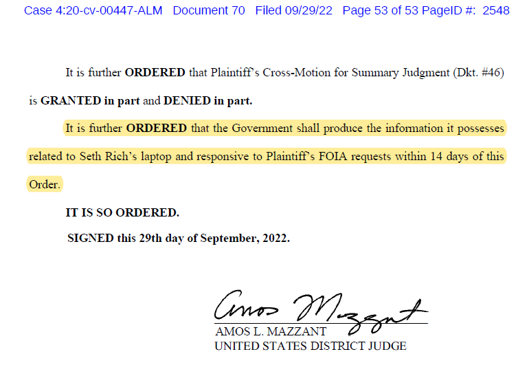 September 29, 2022 - A federal court orders the FBI to "produce the ...