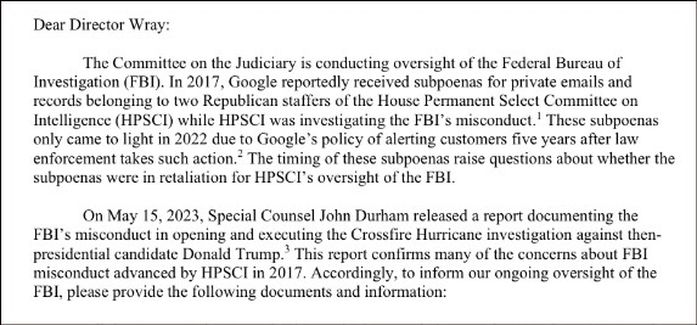 July 13, 2023 - Jordan letter to Wray demands documents related to FBI spying on two Nunes ...